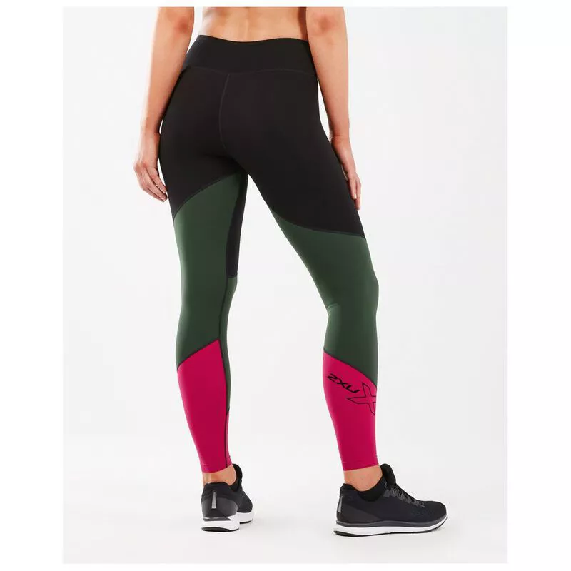2XU Womens Fitness Mid Colour Block Tights (Black/Mntn View Virtual Pi