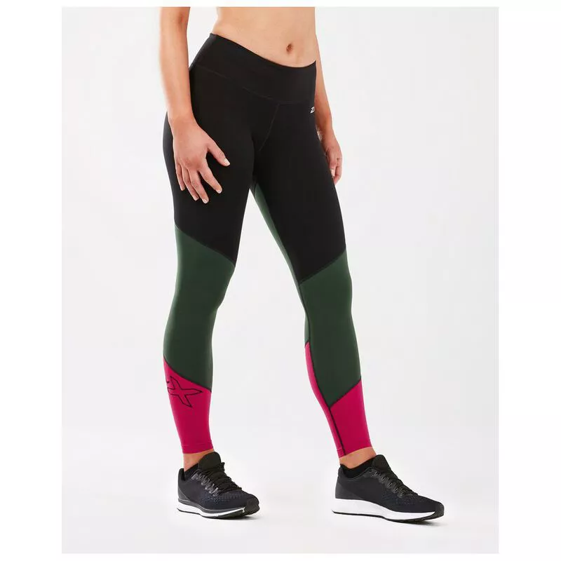 2XU Womens Fitness Mid Colour Block Tights (Black/Mntn View Virtual Pi
