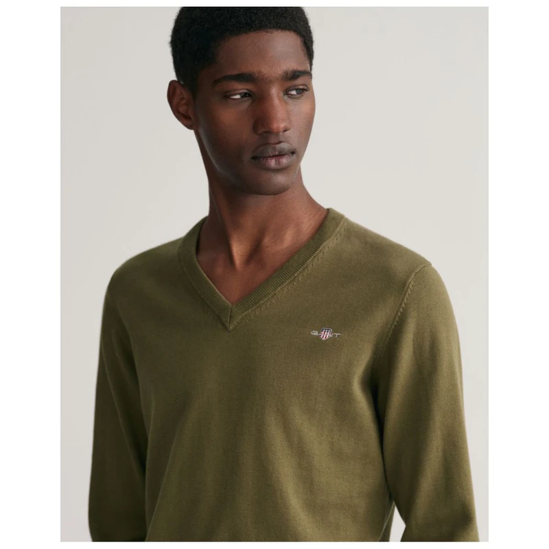 Gant Mens Classic Cotton V-Neck Pullover (Juniper Green) | Sportpursui
