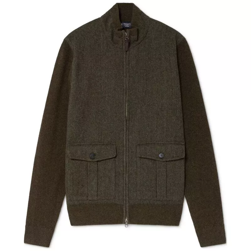 Hackett Mens Tweed Front Merino Zipped Cardigan (Dark Olive) | Sportpu