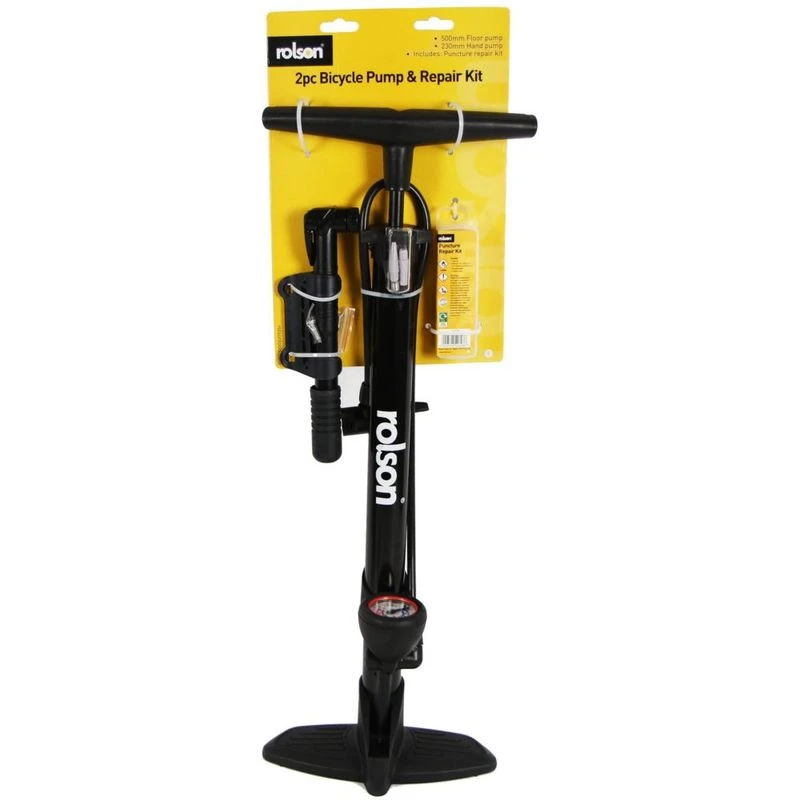 Rolson Tools 2pc Bicycle Pump & Repair Kit Manual Pump (Black) | Sport