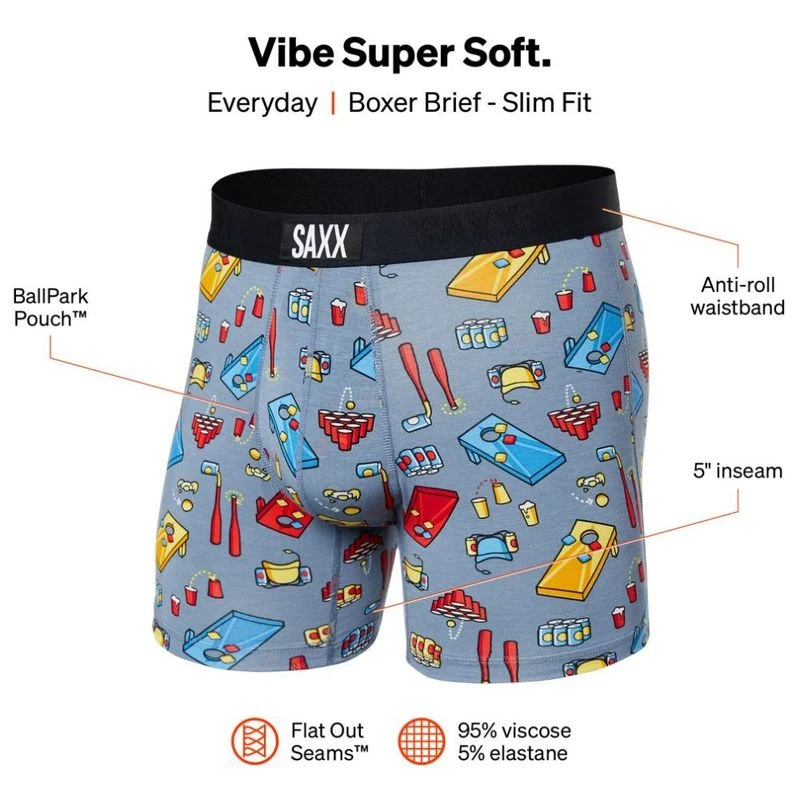 Saxx Mens Vibe Super Soft Boxer Brief Underwear (Beer Olympics/Grey)