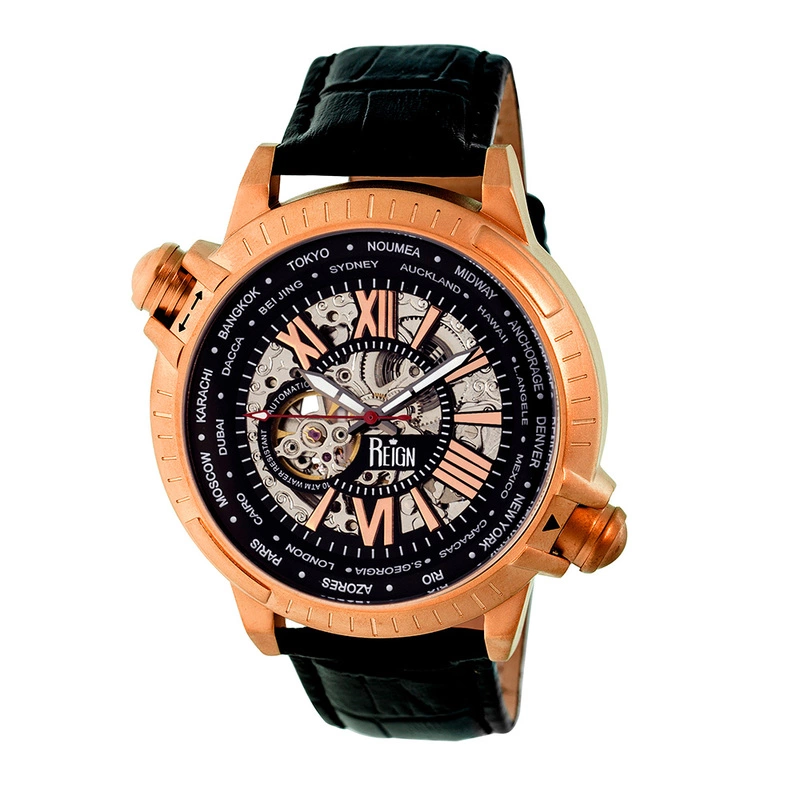 Reign Mens Thanos Automatic Leather Band Watch (Rose Gold/Black) | Spo
