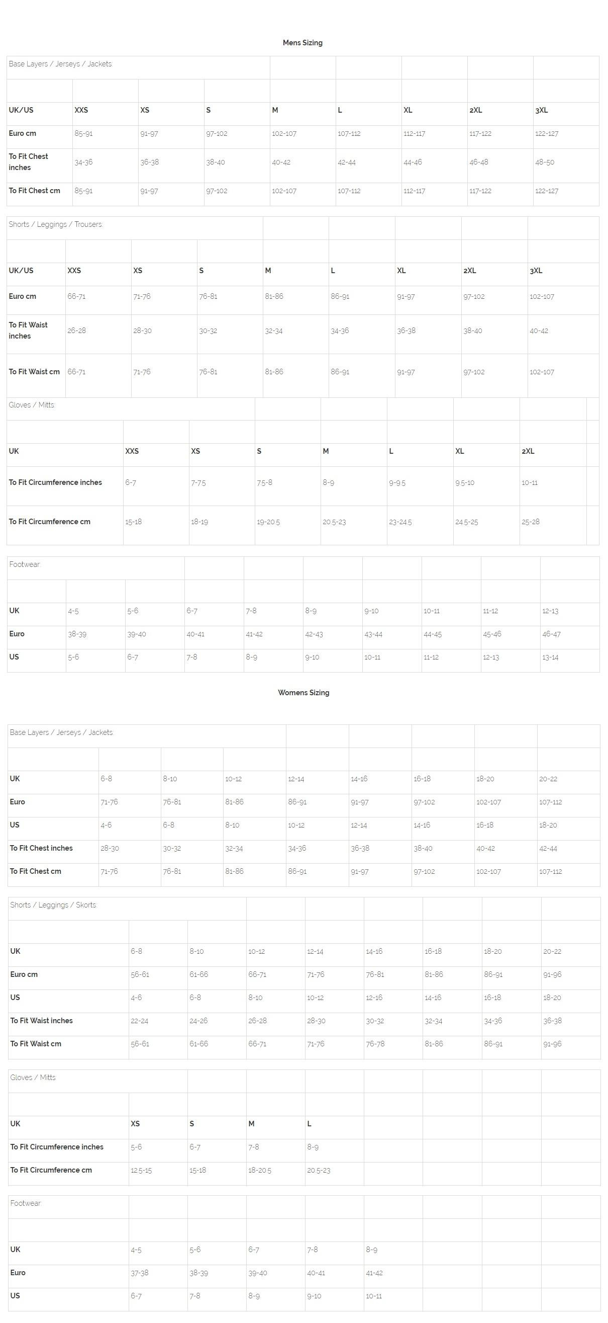 Eurosport Size Guide