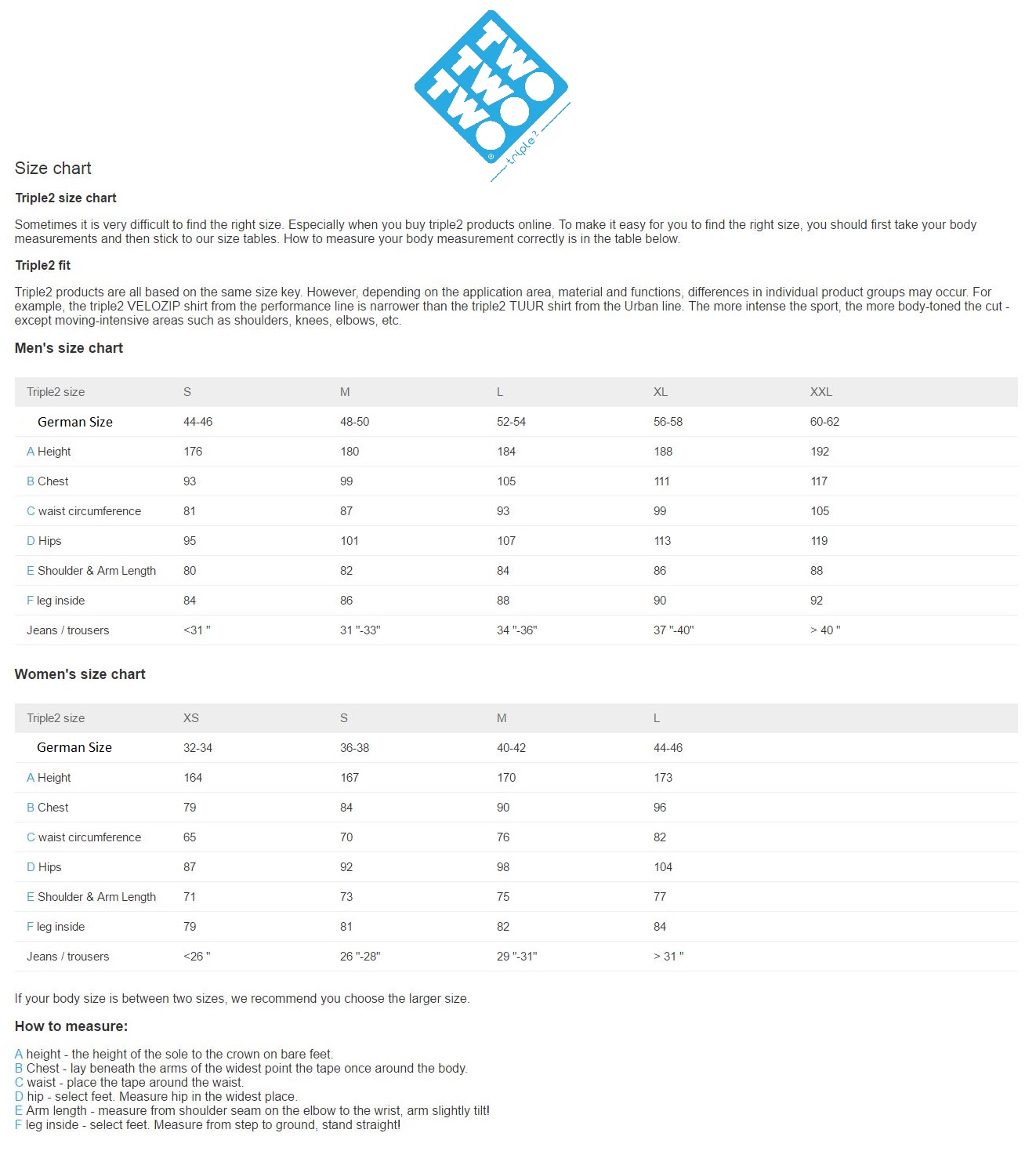 Triple2 Size Guide