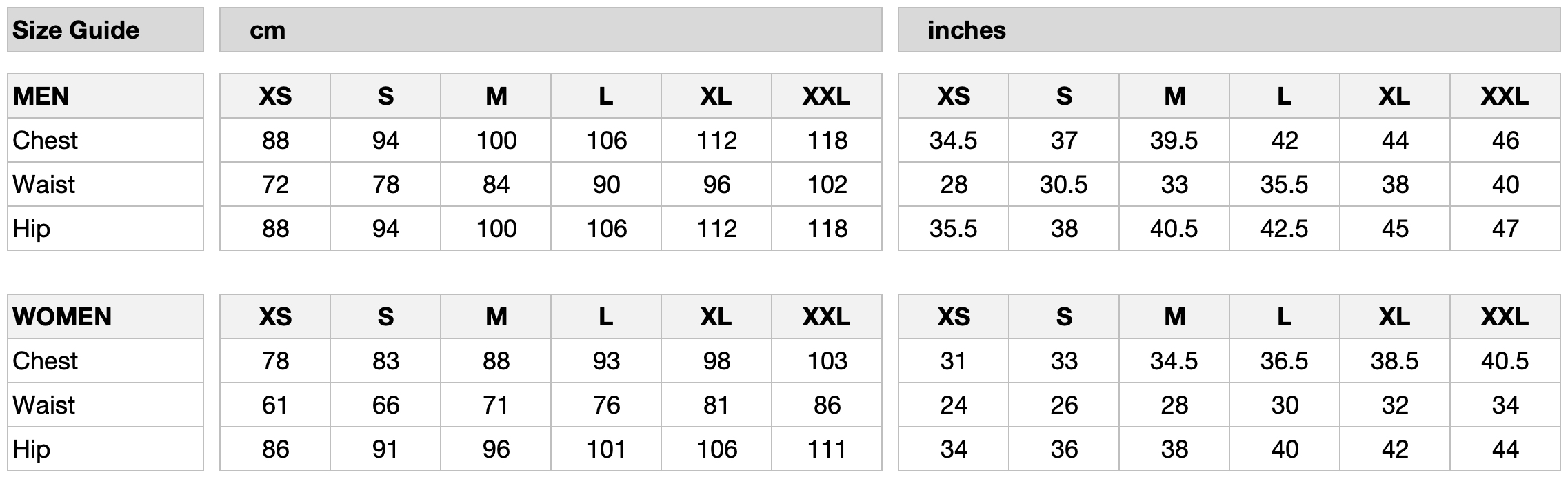 Twenty One Size Guide