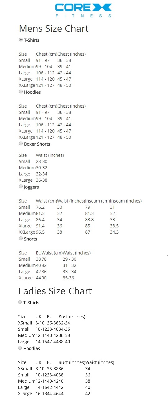CoreX Size Guide