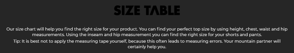 Black Yak Size Guide