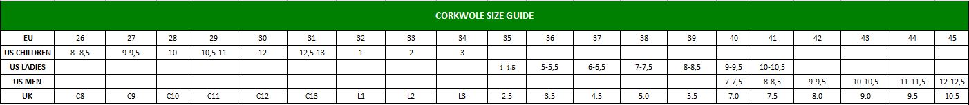 Corkwole Size Guide