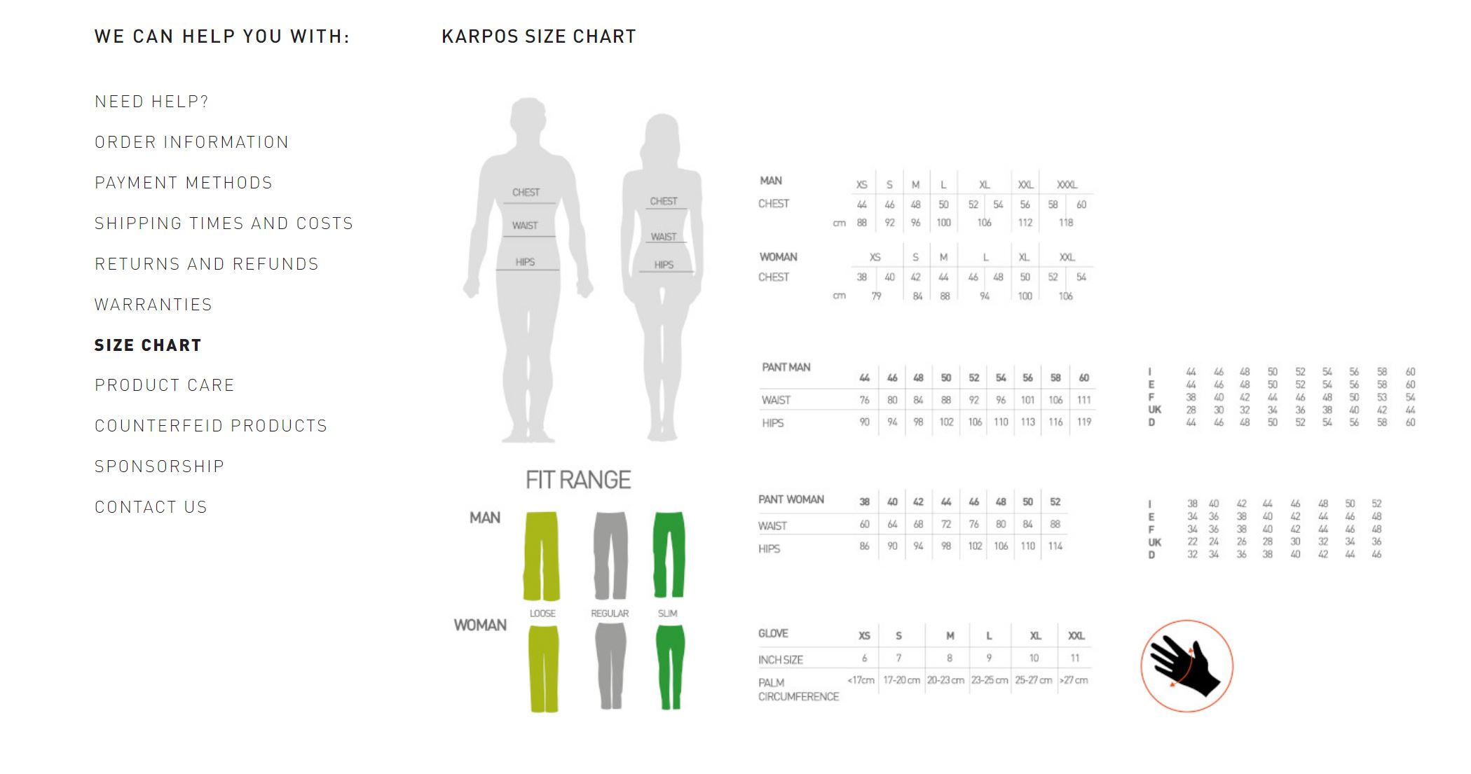 Karpos Size Guide