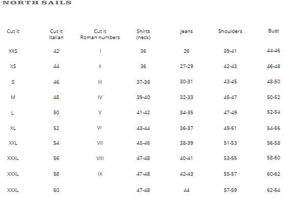 North Sails Size Guide