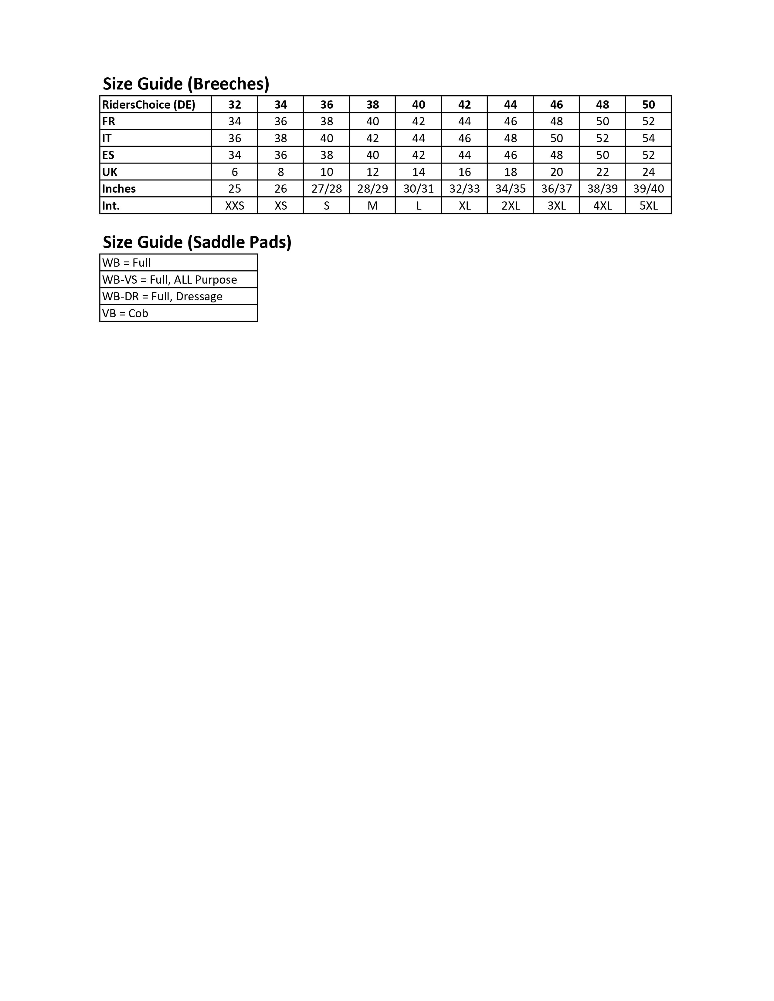 Riders Choice Size Guide