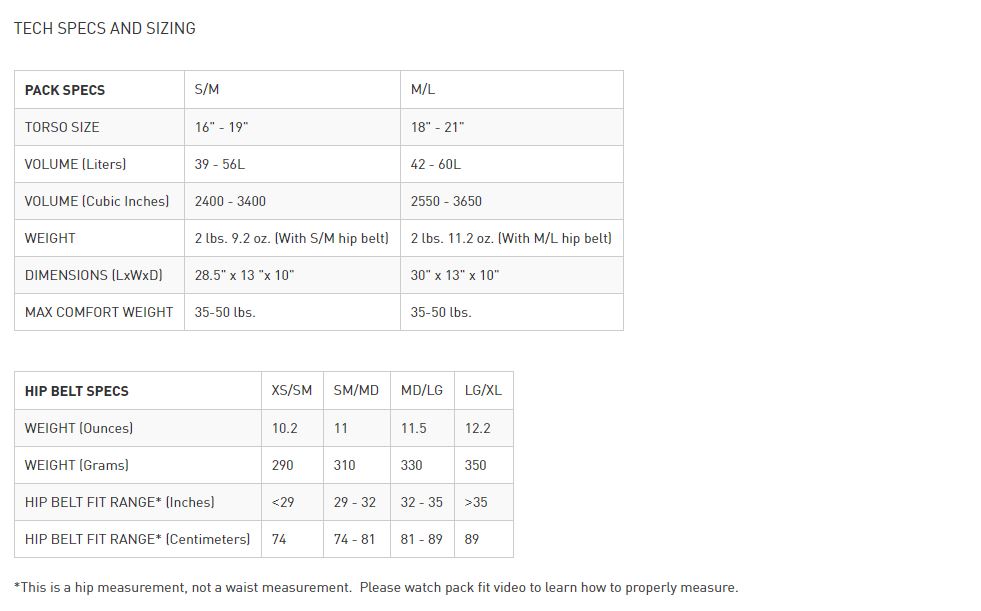 Sierra Designs Size Guide