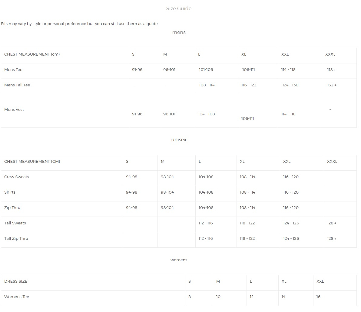 Stupid Clothing Size Guide