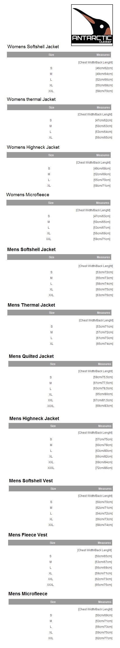 Antarctic Size Guide