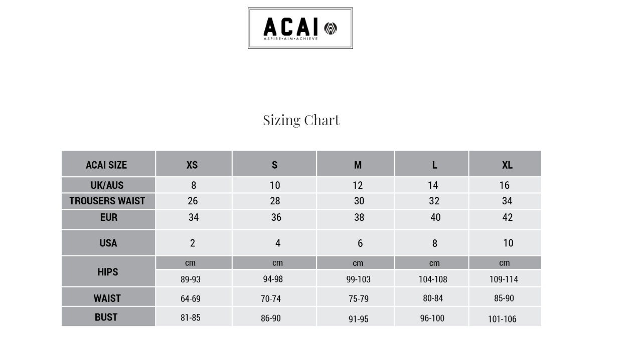 Acai Size Guide