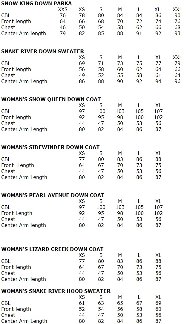 Jackson Hole Originals Size Guide