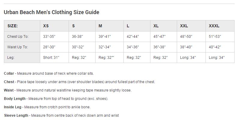 UrbanBeach Size Guide