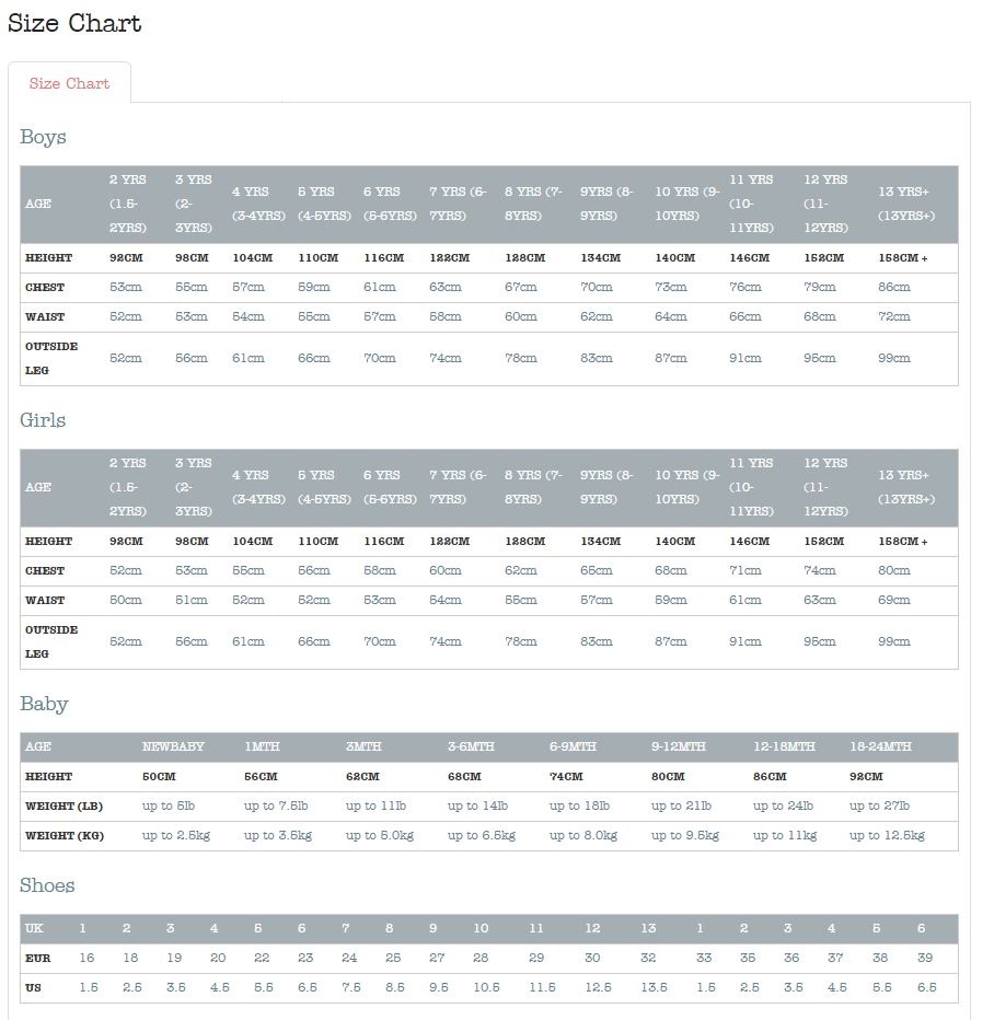 Muddy Puddles Size Guide