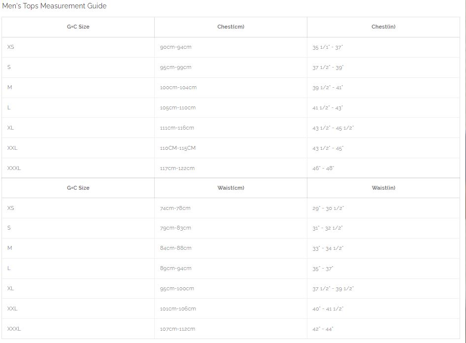 Gym+Coffee Size Guide