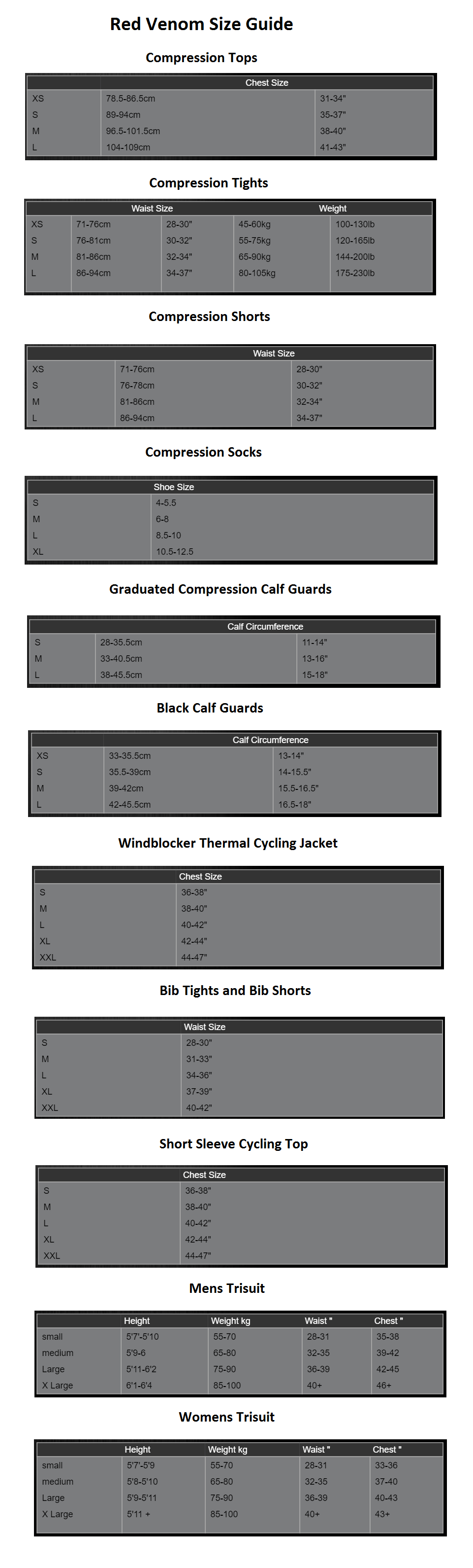 Red Venom Size Guide