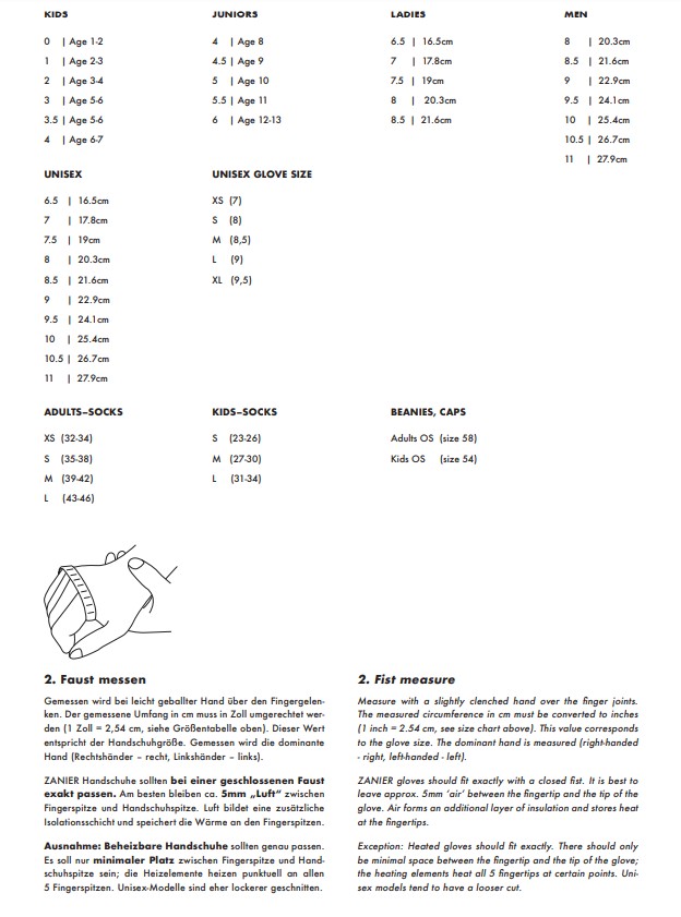 Zanier Size Guide