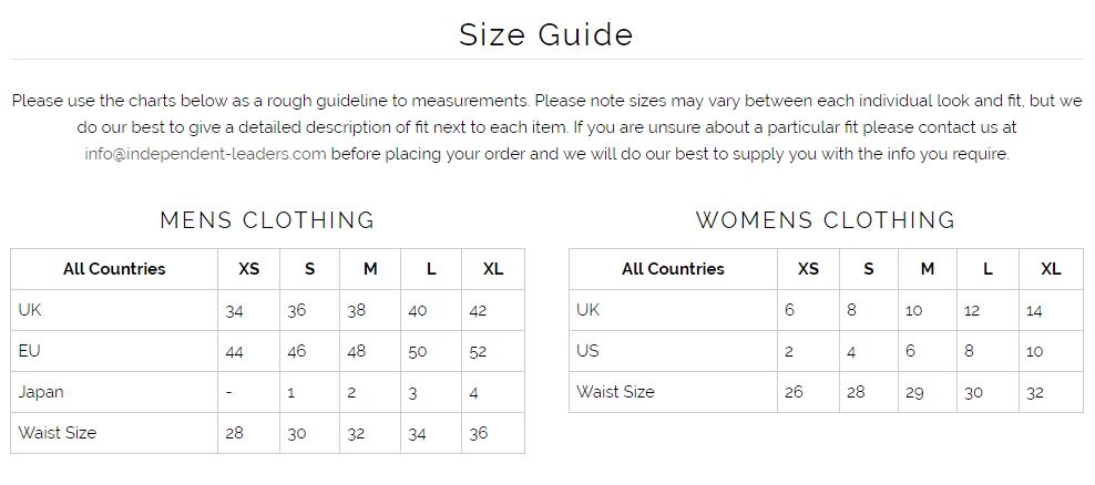 Independent Leaders Size Guide
