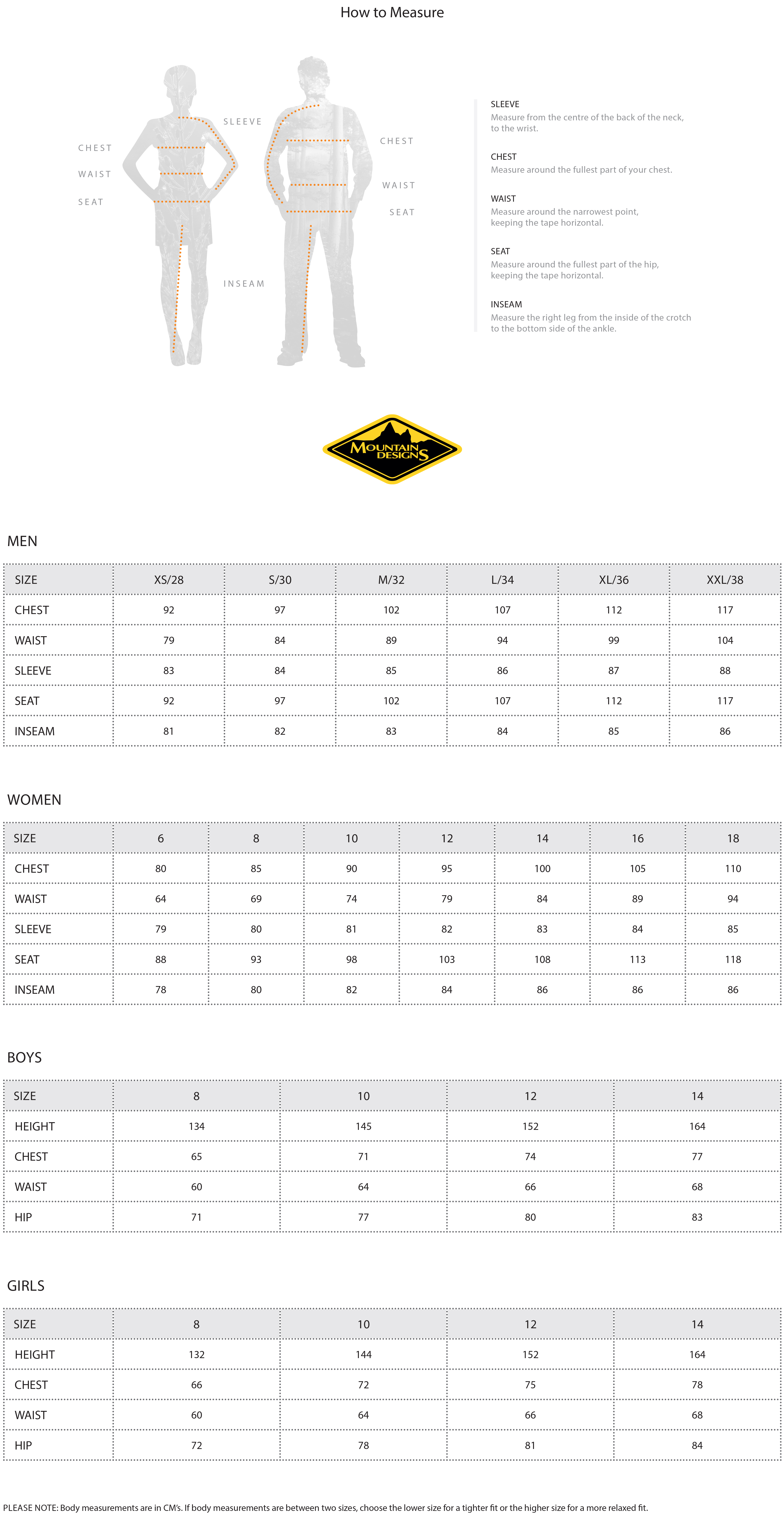 Mountain Designs Size Guide